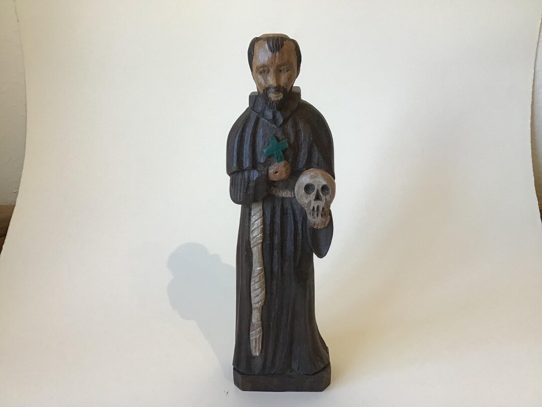 Vintage Carved Wood Saint Francis of Assisi Holding Skull Religious ...