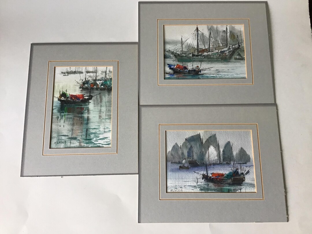 Three Original Hong Leung Watercolor Paintings Boats Ships Nautical ...