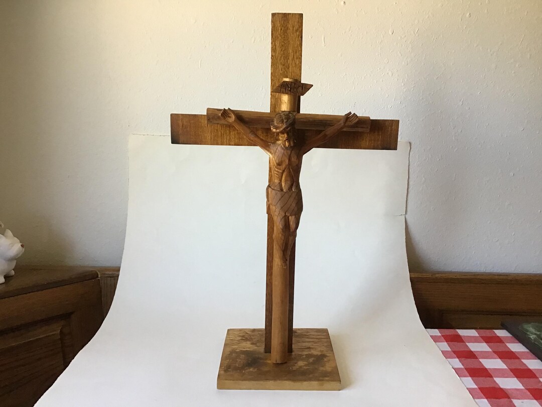 Vintage Hand Carved Wood Christ on Cross Folk Art Large Sculpture ...