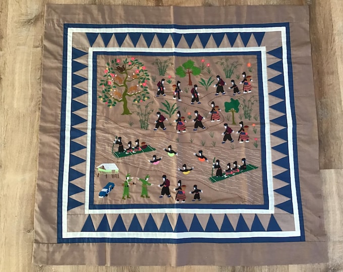Vintage Hmong Story Cloth Hand Embroidered Wall Tapestry Folk Art ...