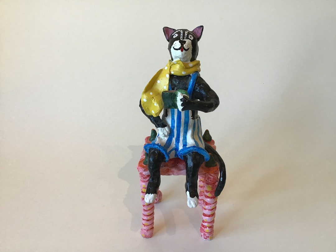 Vintage Judy Bomberger Jitter Kitty Cat With Coffee Signed Sculpture ...