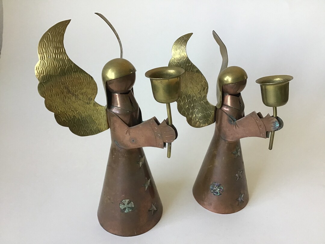Two Vintage Copper Pearl Inlaid Angel Candle Holders Mexico - Etsy