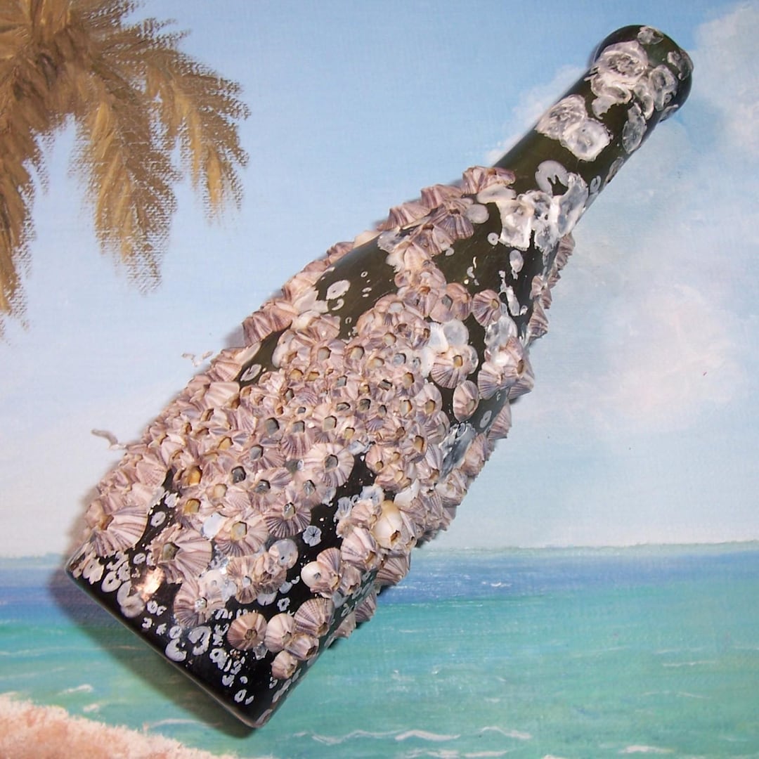 8" Vintage OCEAN Found Dark Green Glass Bottle Encrusted With BARNACLES ...
