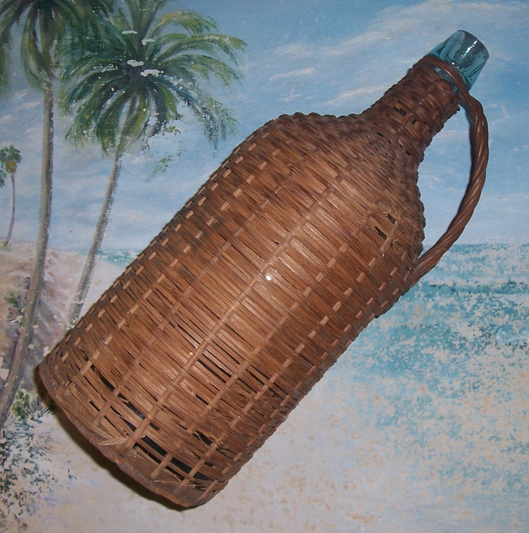Large VINTAGE Wicker Wrapped Demijohn AQUA Glass Bottle, Jug, Vase - Etsy