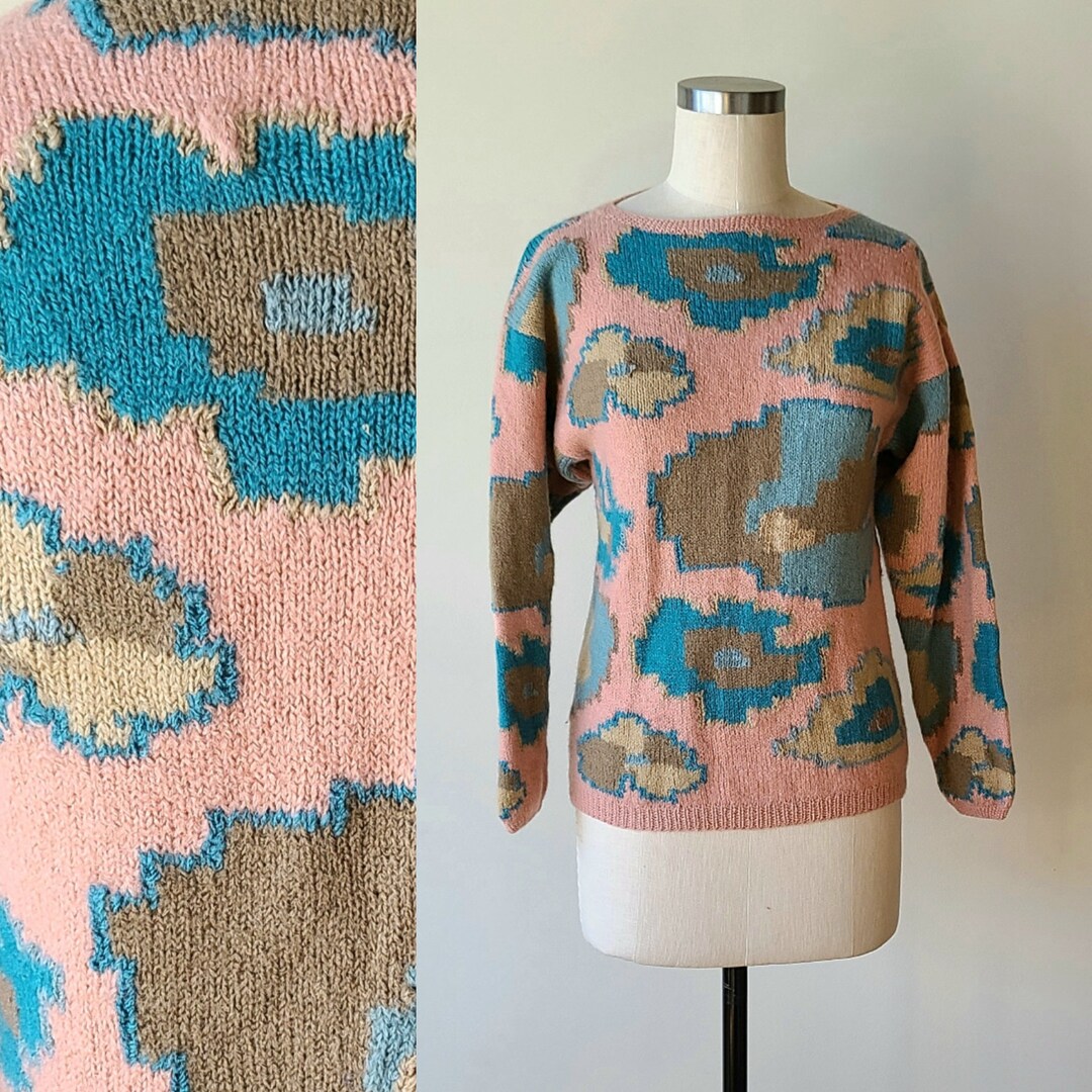 80s Lynn Novak Sweater / Hand-knit Wool Pullover Sweater / Abstract Art ...