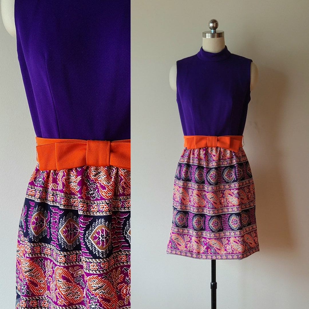 60's Mod Mini Dress/ Purple Double Knit Color Block Mini Dress ...