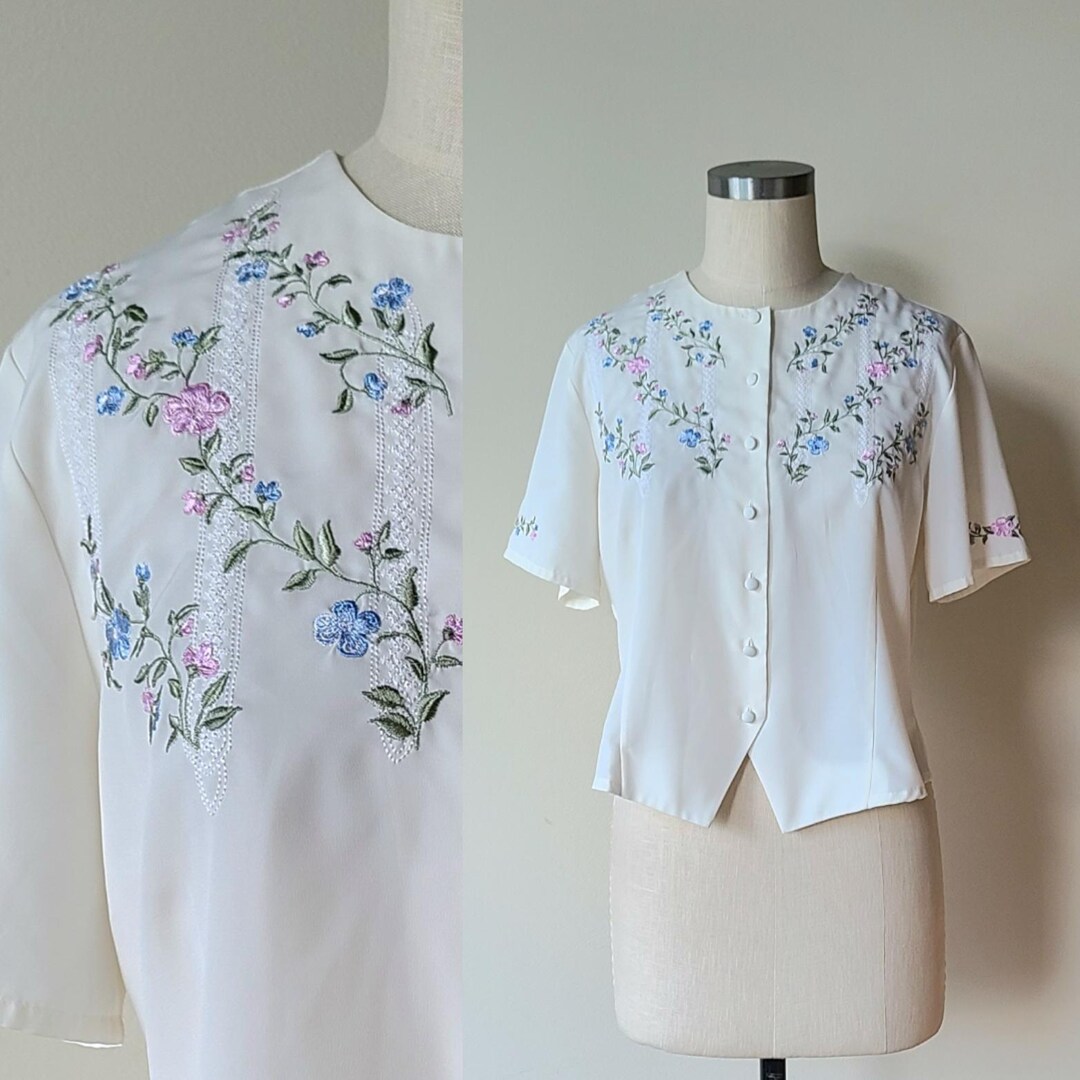 80's Laura Scott Floral Embroidered off White Button Front Blouse ...
