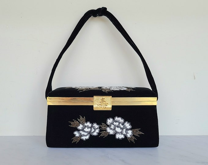 50's Box Purse / Japan Art Industries Black Velvet Top Handle Beaded ...