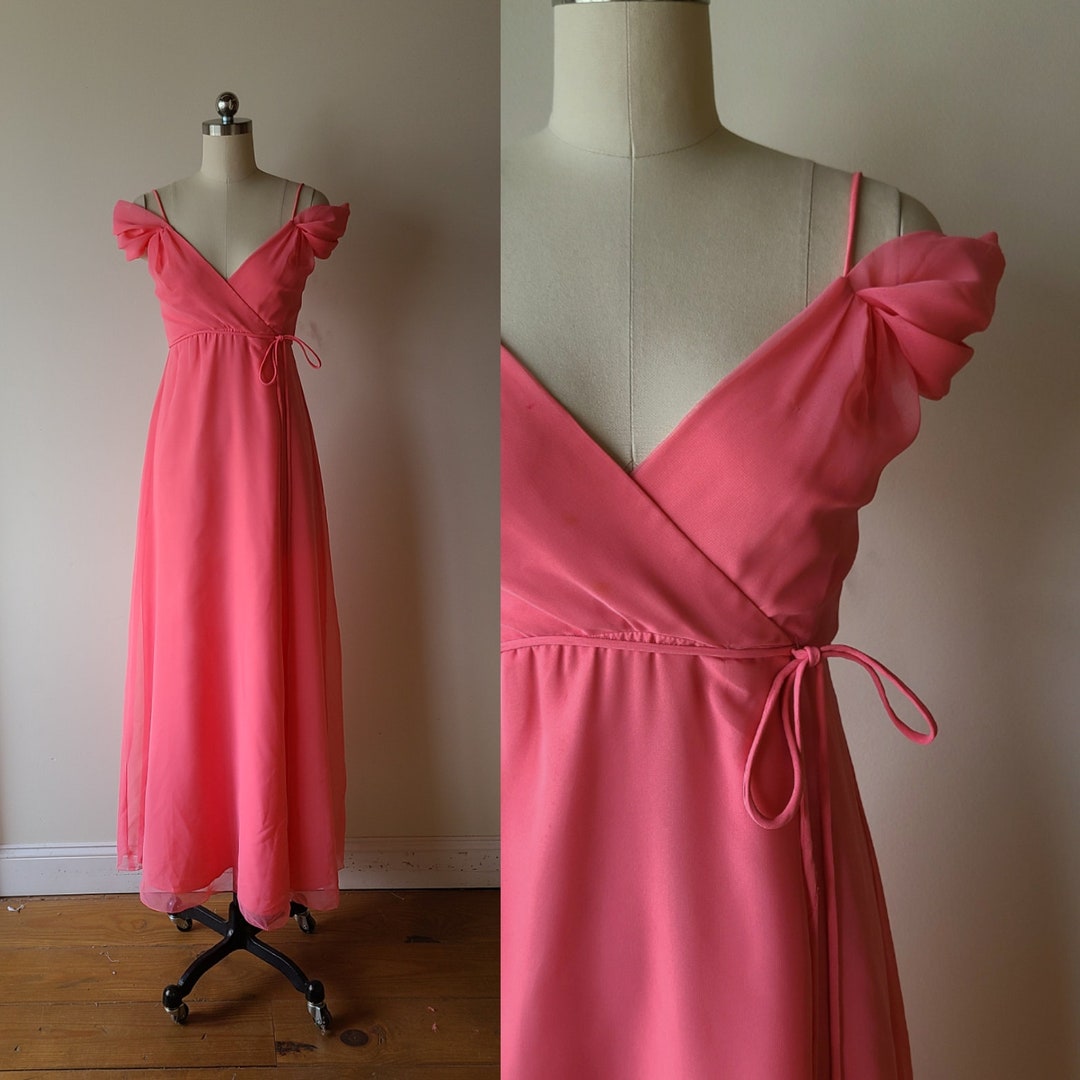 70s Maxi Dress/ House of Bianchi Pink Chiffon Wrap Front off Shoulder ...