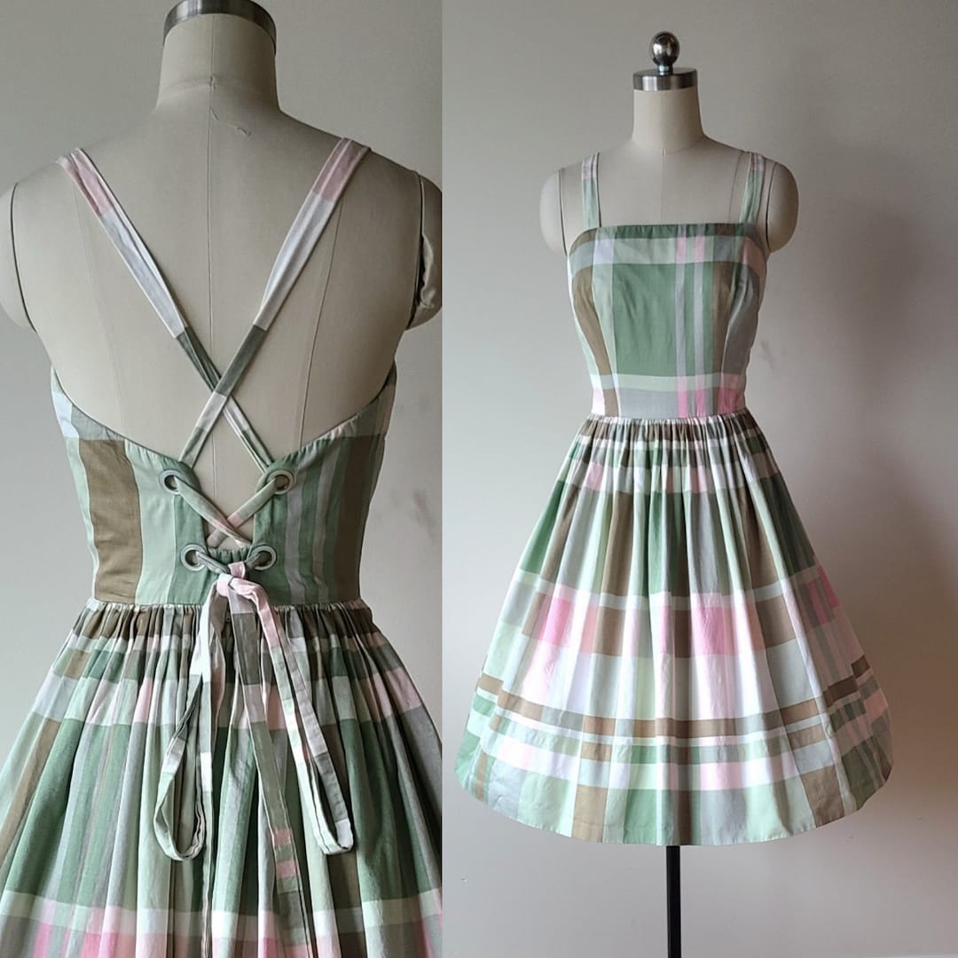 60s Sun Dress / Fit and Flare Lace up Back Plaid Dress / Spaghetti ...