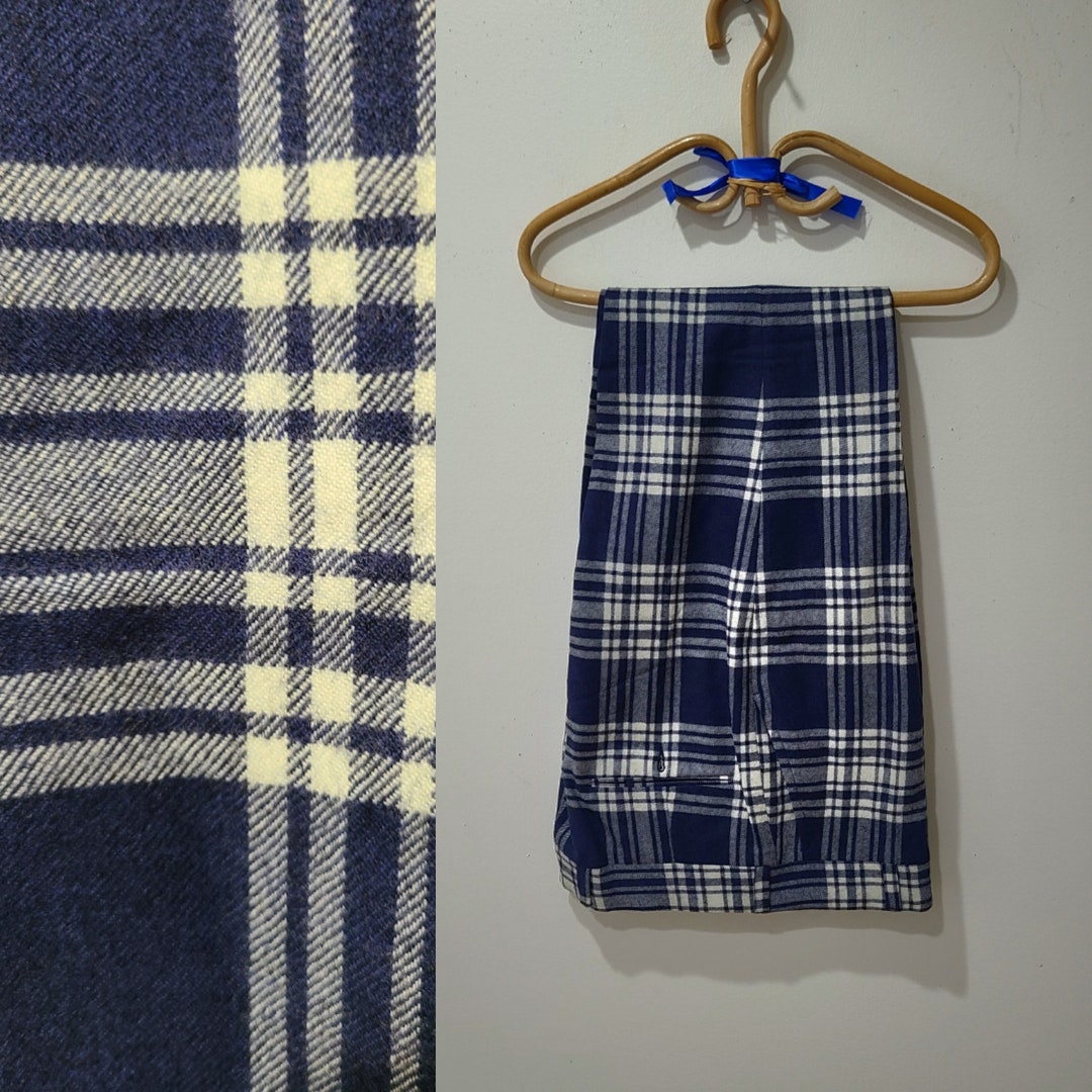 1972 Jeff Corbin Wool Plaid Pants/ Navy Blue and White Big Plaid Men's ...