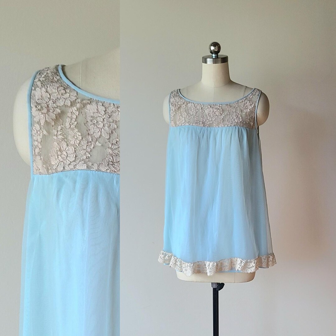 Vintage 60's Baby Doll Nightie / Aqua Blue Chiffon Shortie Night Gown ...