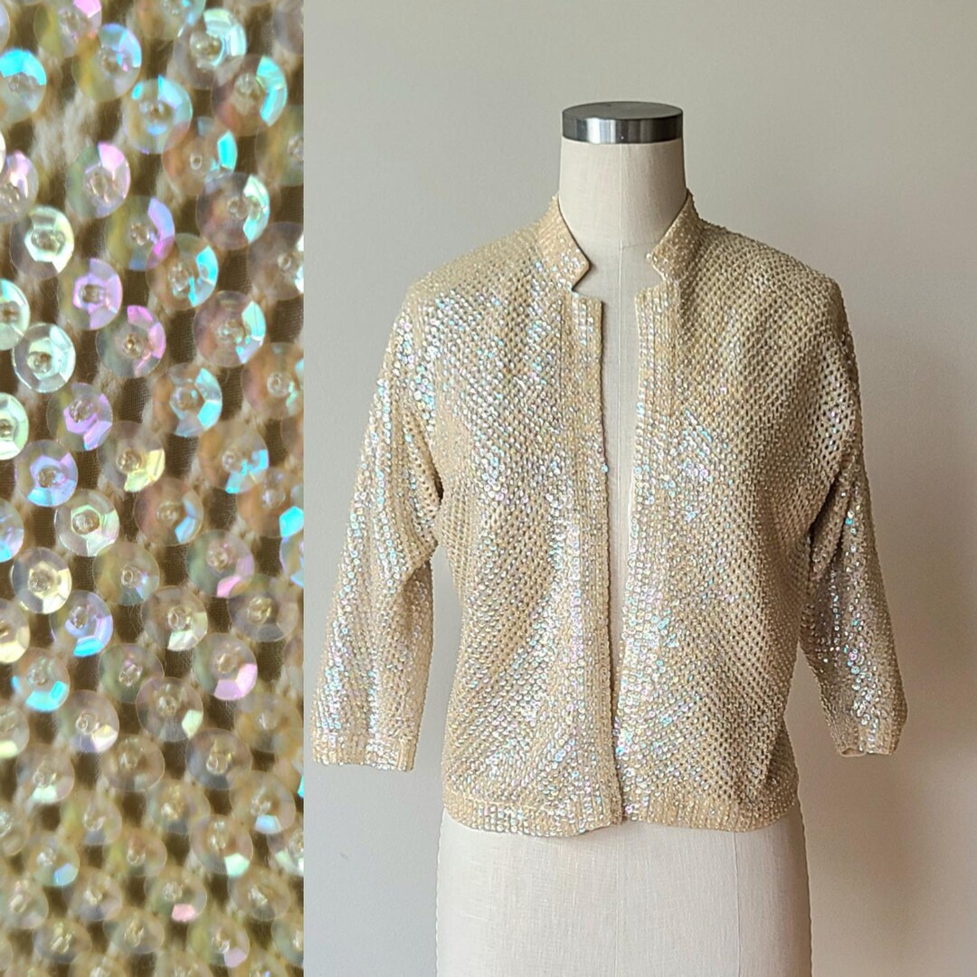 50's Sequin Sweater / Riviera off White Wool Sequin Cardigan Sweater ...