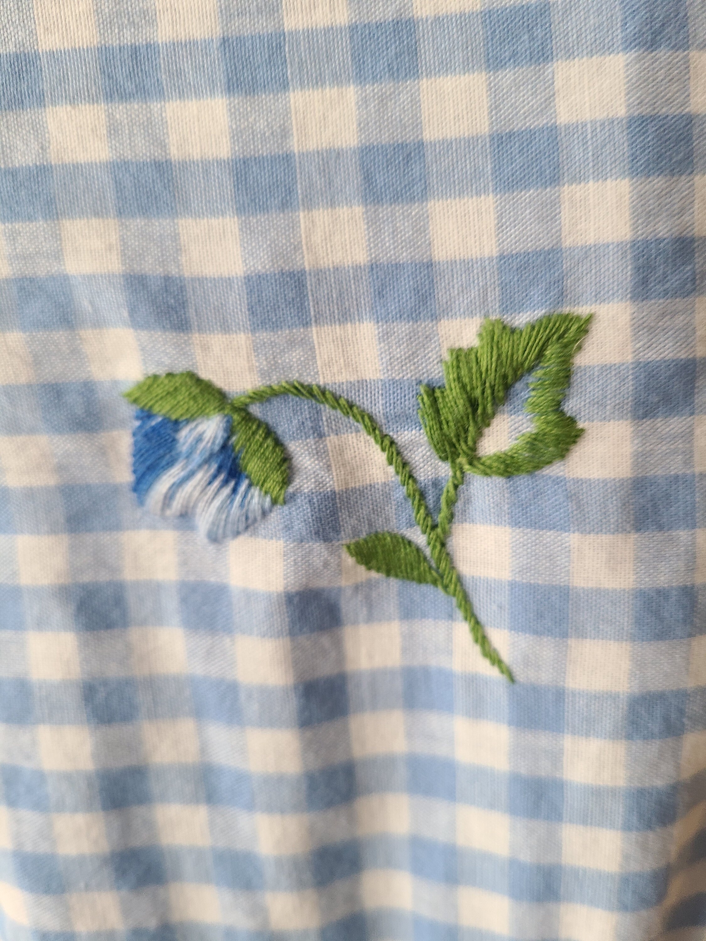 50's Dress / Floral Embroidered Blue Gingham Check Dress / Fit and ...