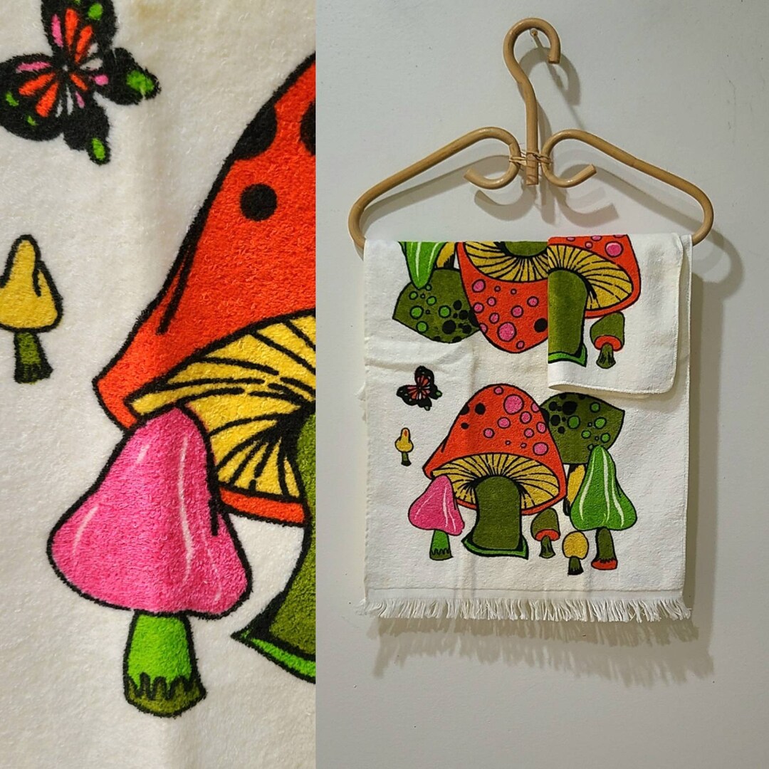 70's NOS Psychedelic Mushroom and Butterfly Fringed Kitchen Towel and ...