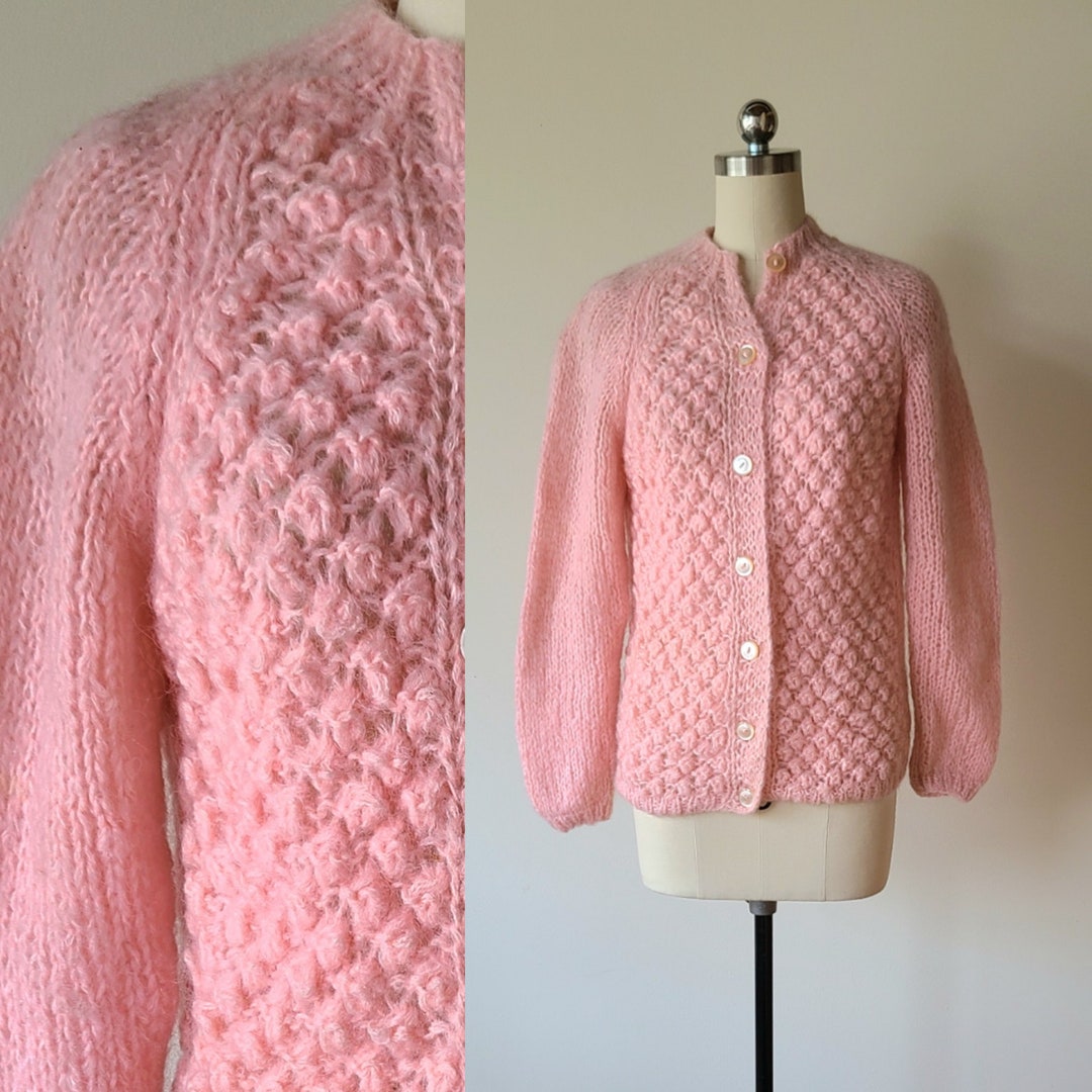 60's Italian Mohair Sweater / Peachy Pink Popcorn Cardigan / Hand Made in Italy by Ghiberti ...