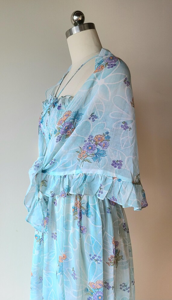 60's sheer maxi dress/ blue floral smocked bodice max… - Gem