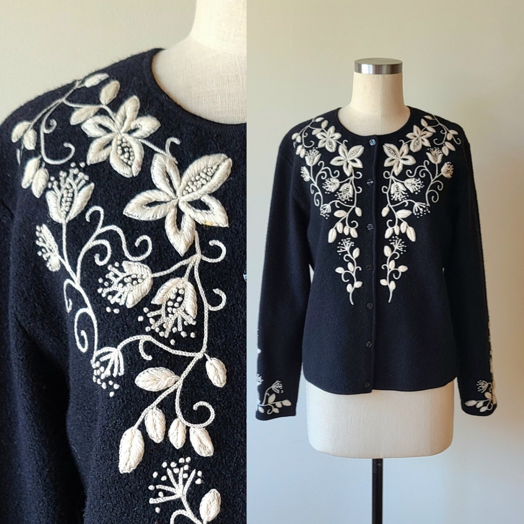 90's Embroidered Jacket / Black Boiled Wool Crewel Embroidered Cardigan ...
