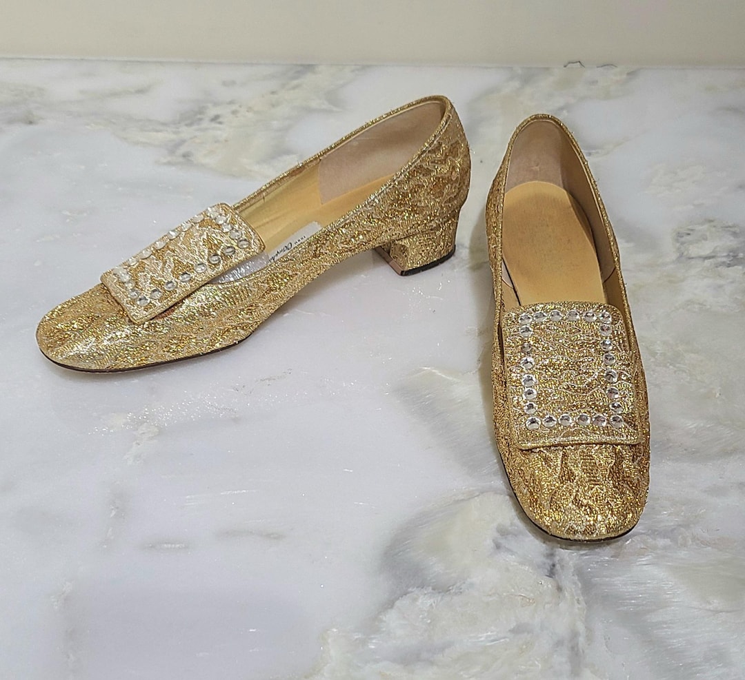 60's Mod Gold Brocade Pumps / Pilgrim Block Heel Gold Lame Shoes With ...