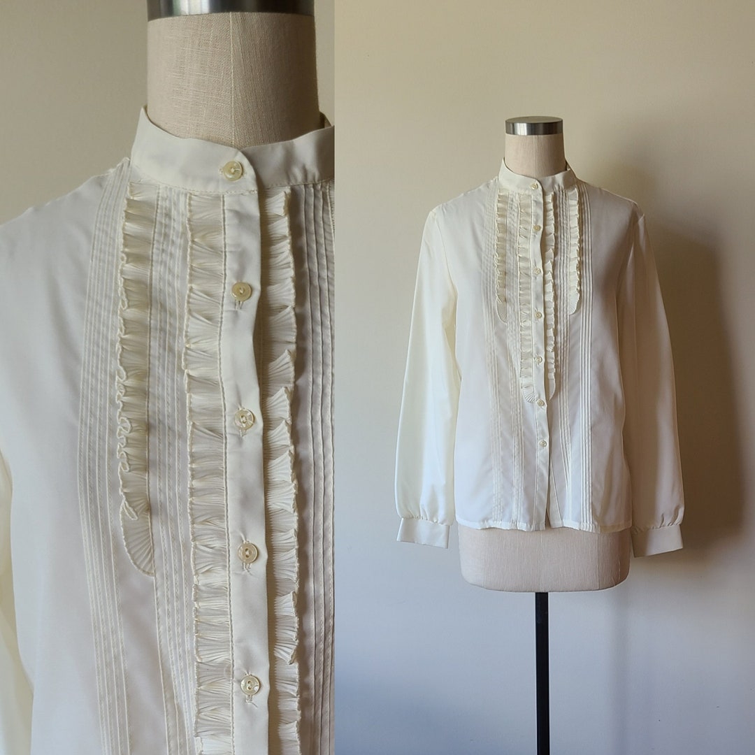 80's Tuxedo Front Blouse / off White Poet Blouse / Tuck Front Ruffled ...