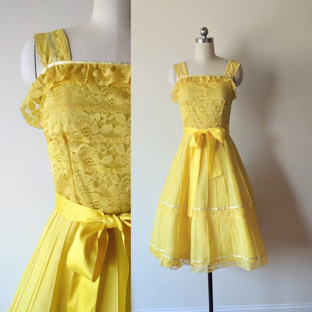 60s Sun Dress / Canary Yellow Pintuck and Lace Sundress / Boho Hippie ...