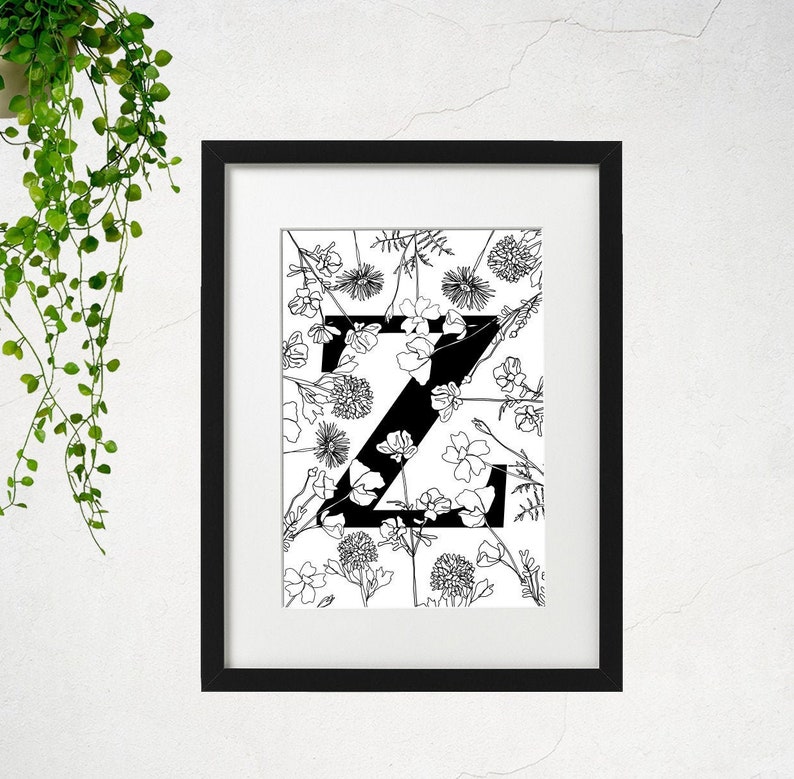 A4 Alphabet Z Art One Line Drawing Flowers Floral Letter Art Perfect ...