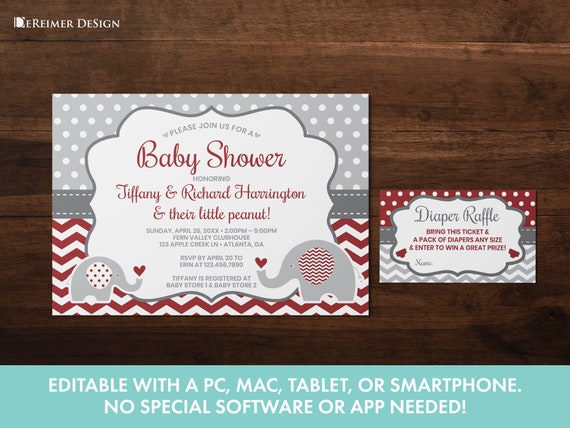 Editable Baby Shower Invitation in Crimson Red and Gray - Etsy