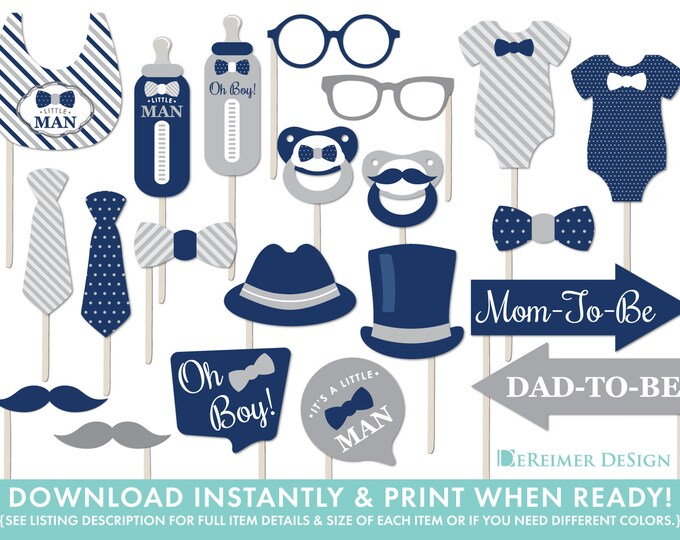Little Man Photo Booth Props, Navy Blue and Gray, Baby Shower Props ...
