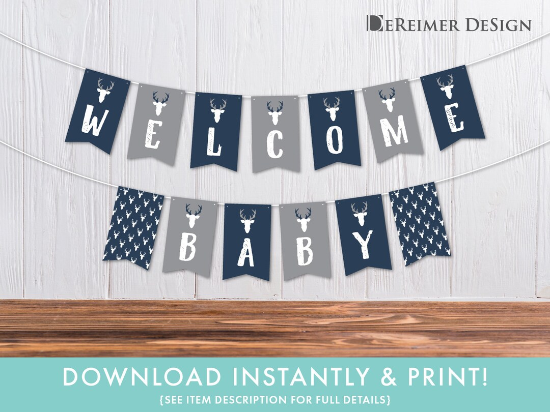 Woodland Deer Baby Shower Banner in Blue and Gray, Banner, Baby Shower ...