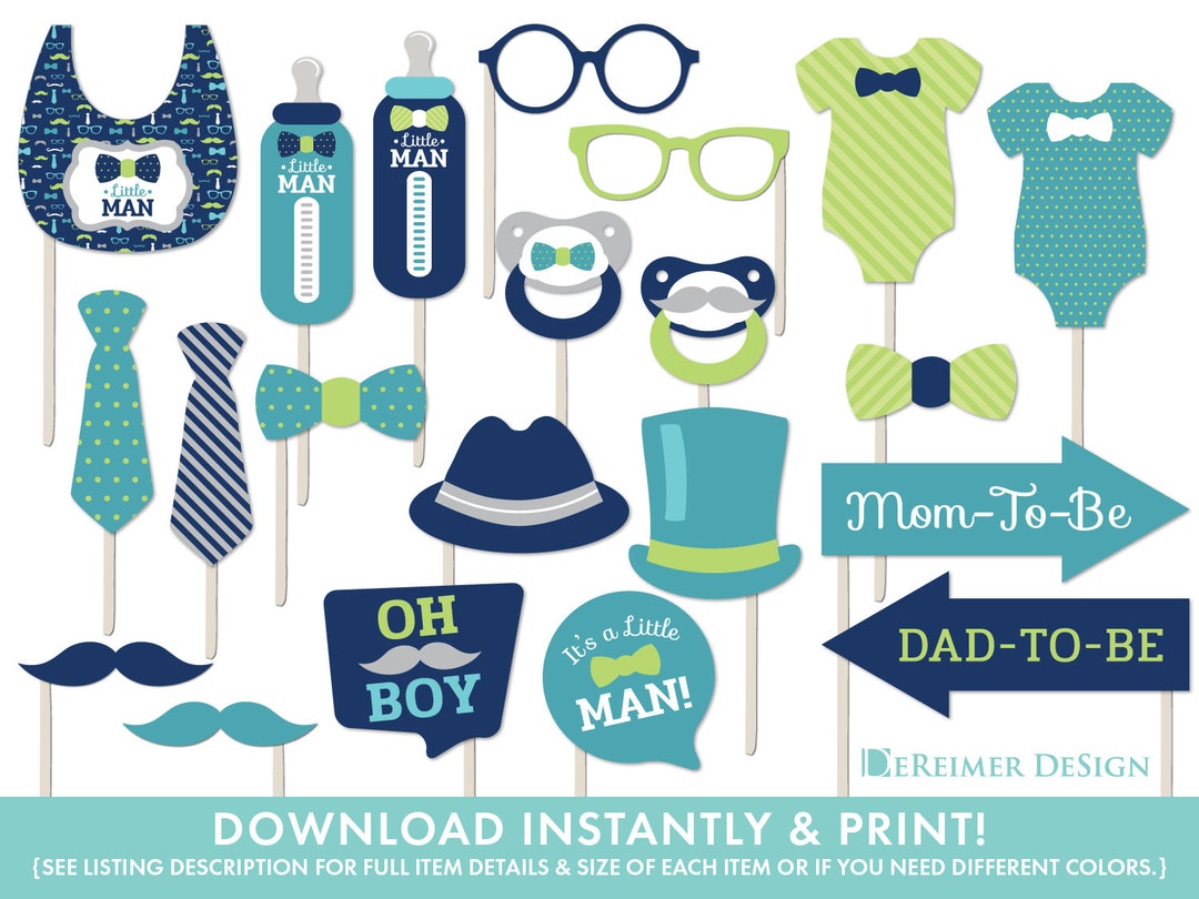 Little Man Photo Booth Props in Blue, Teal, Gray, Green, Baby Shower ...