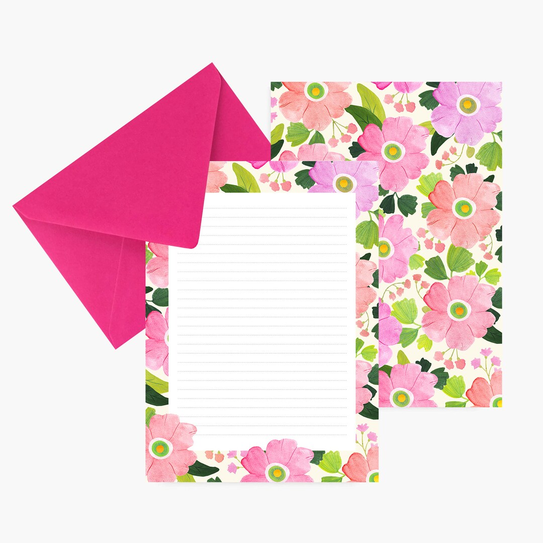 Pink Flower Writing Paper, Paper Set, Flowers, Watercolor, Birthday ...