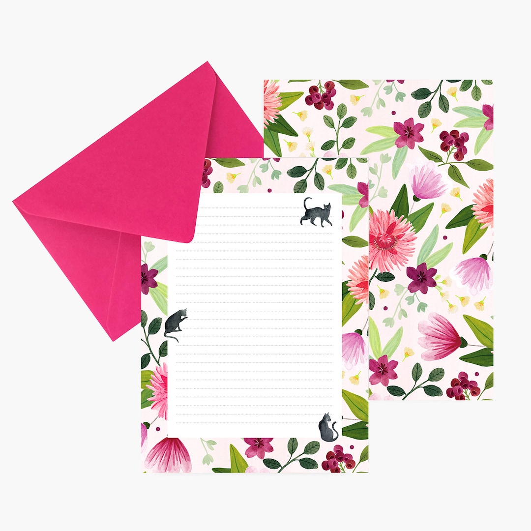 Letter Set Cats Pattern, Letter Writing Set, Watercolor, Botanical ...