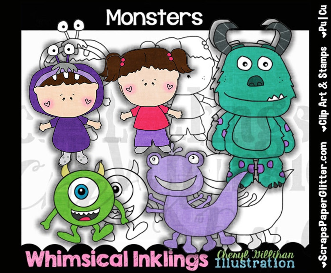 Monsters Inc Clip Art BONUS Lineart Digital Stamps Clipart | Etsy