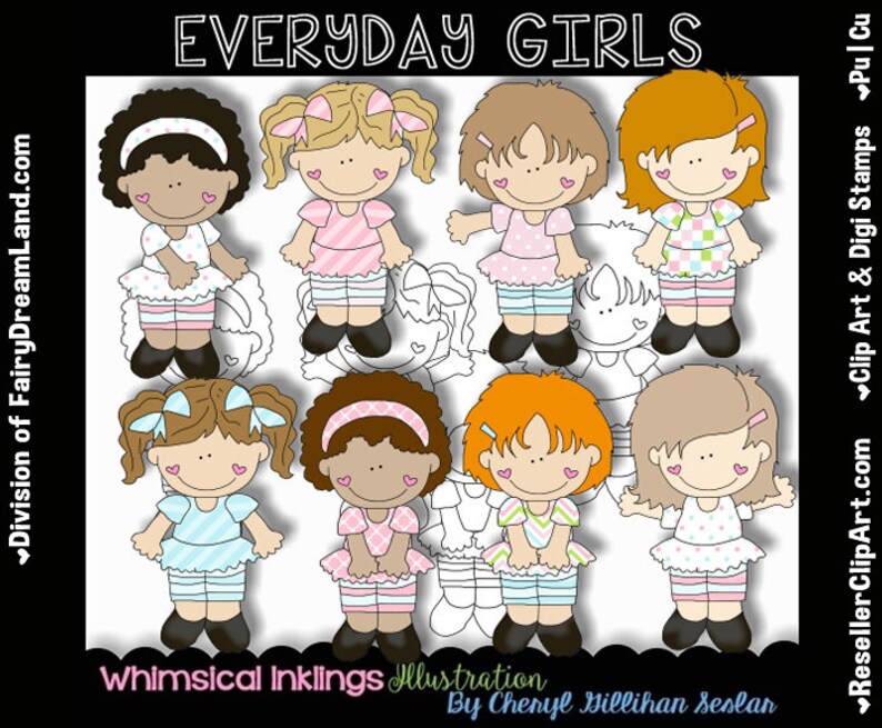 Everyday Girls Digital Clip Art & Black and White Image Set | Etsy