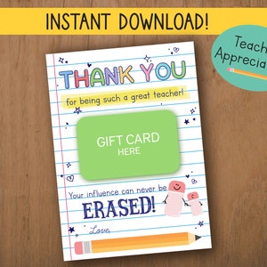 PRINTABLE Teacher Gift Card Holder, Digital Teacher Gift, Teacher ...