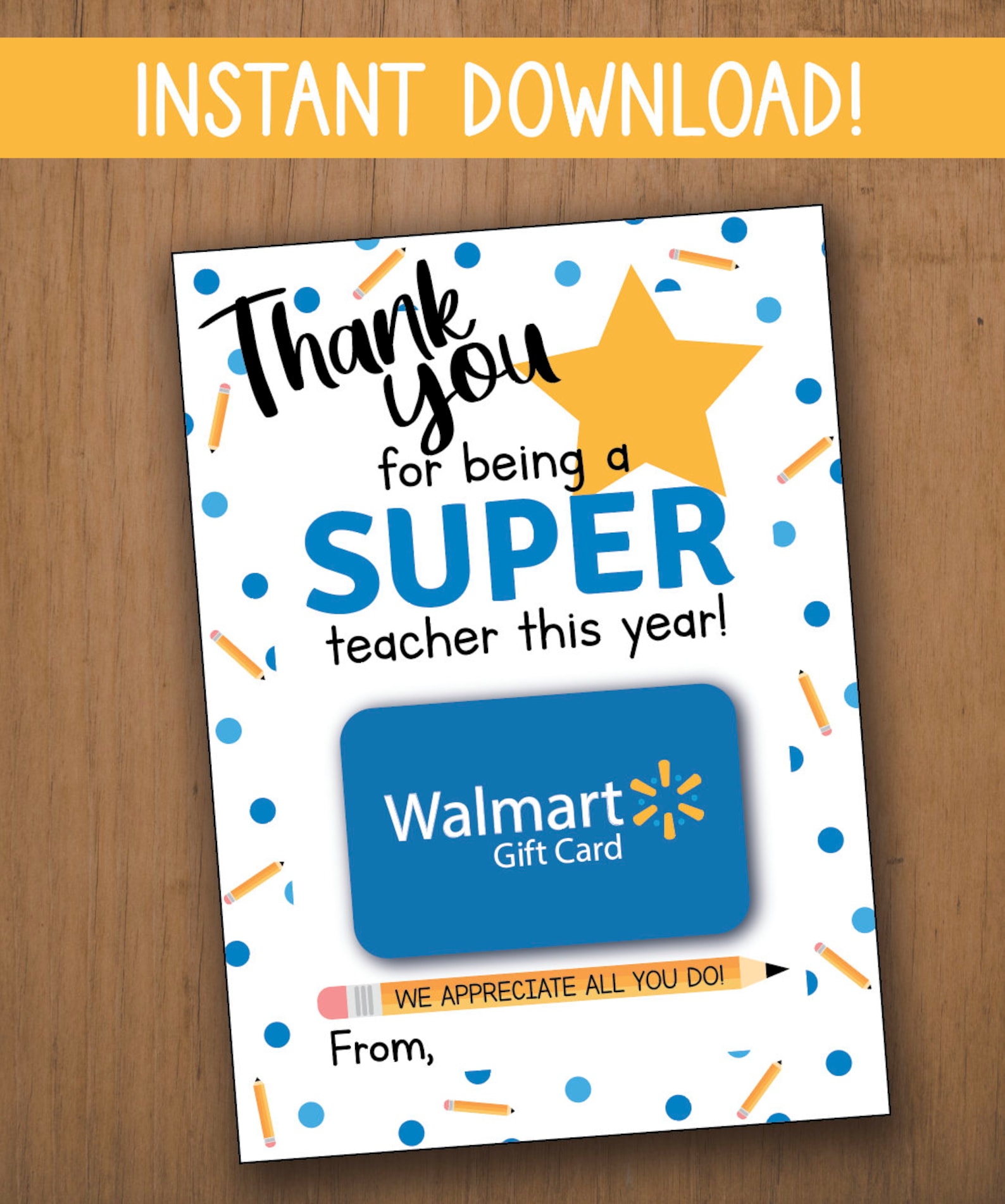 PRINTABLE Walmart Gift Card Holder Teacher Thank You - Etsy