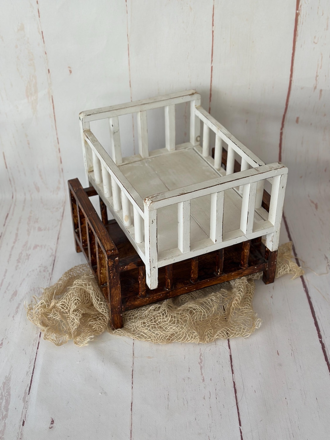 Newborn Photo Prop Bed, Vintage Wooden Crib Bed, Brown, White, Sitter ...