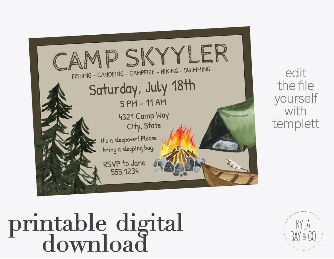 Camping Invitation. Camp Birthday Party. Templett. Digital Download ...
