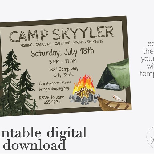 Camping Tent Invitation Template Printable Birthday Party - Etsy