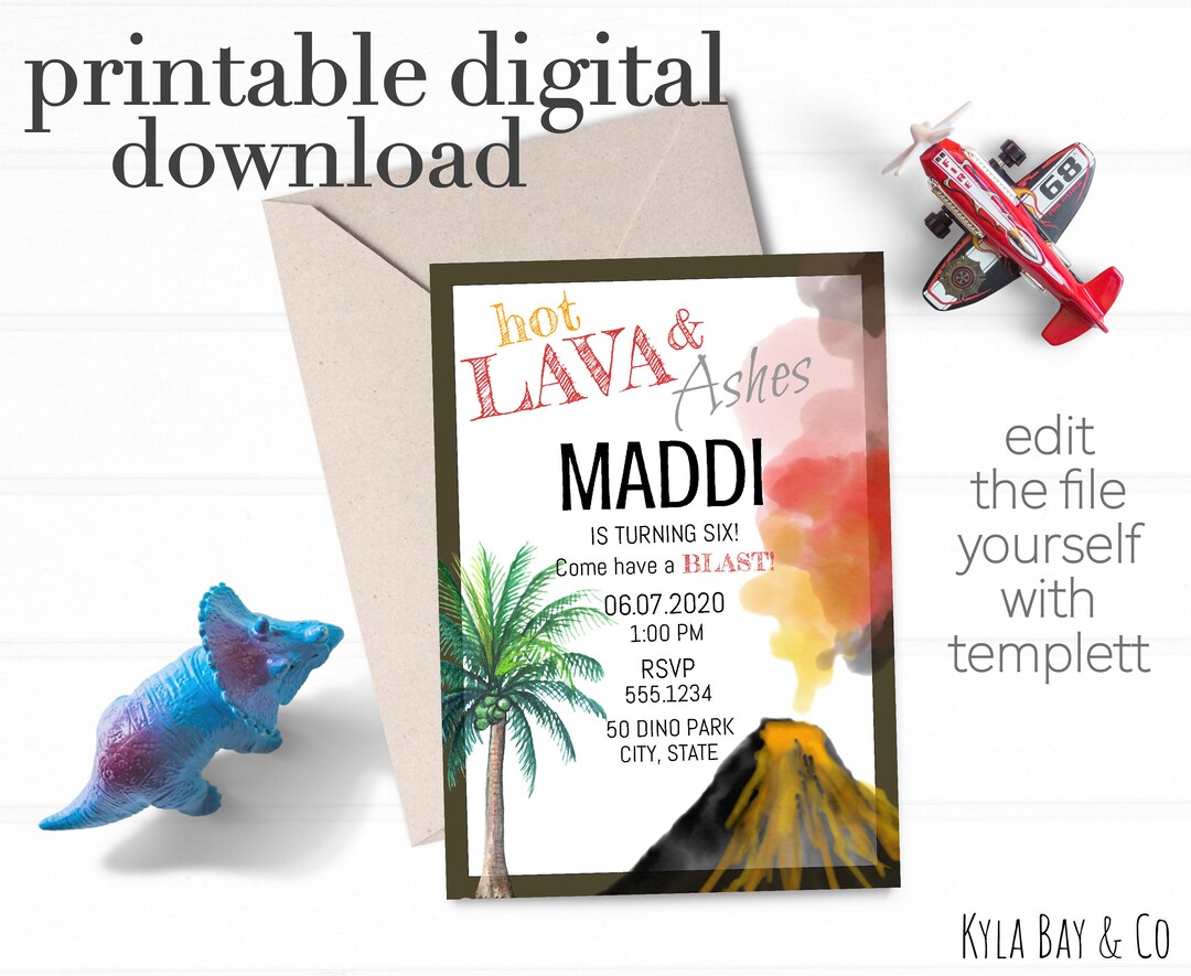 Volcano Birthday Party. Digital Invite. Hot Lava. Ashes. Templett ...
