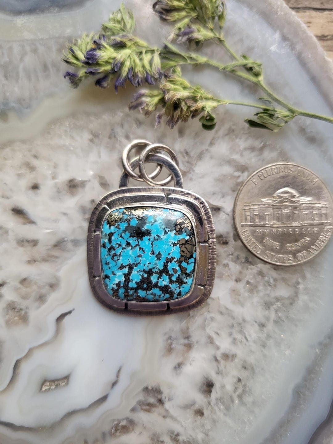 Turquoise Sunburst Pendant With Golden Pyrite | 925 Sterling Silver ...