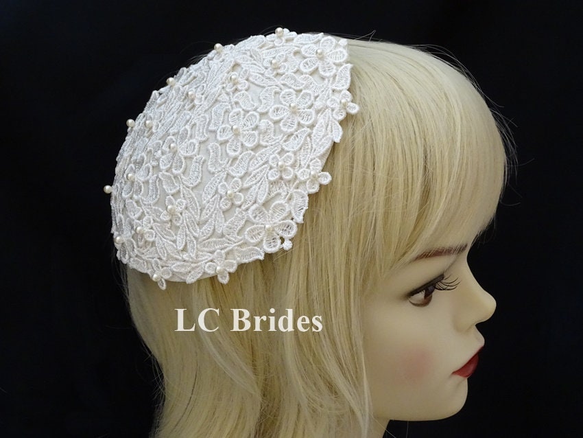 Ivory Wedding Mini Hat, Ivory Lace Fascinator Hat, Ivory Bridal Hat ...