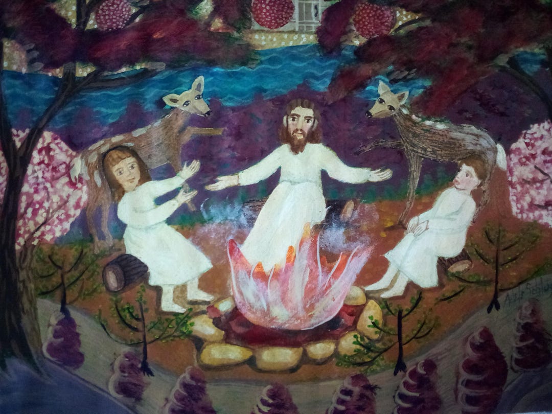 Christ Little Children Deer Campfire Original Painting - Etsy