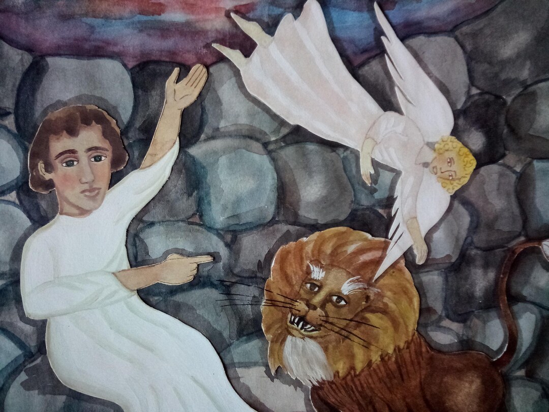 Daniel in the Lion's Den: Original Naive-style Biblical Watercolor ...