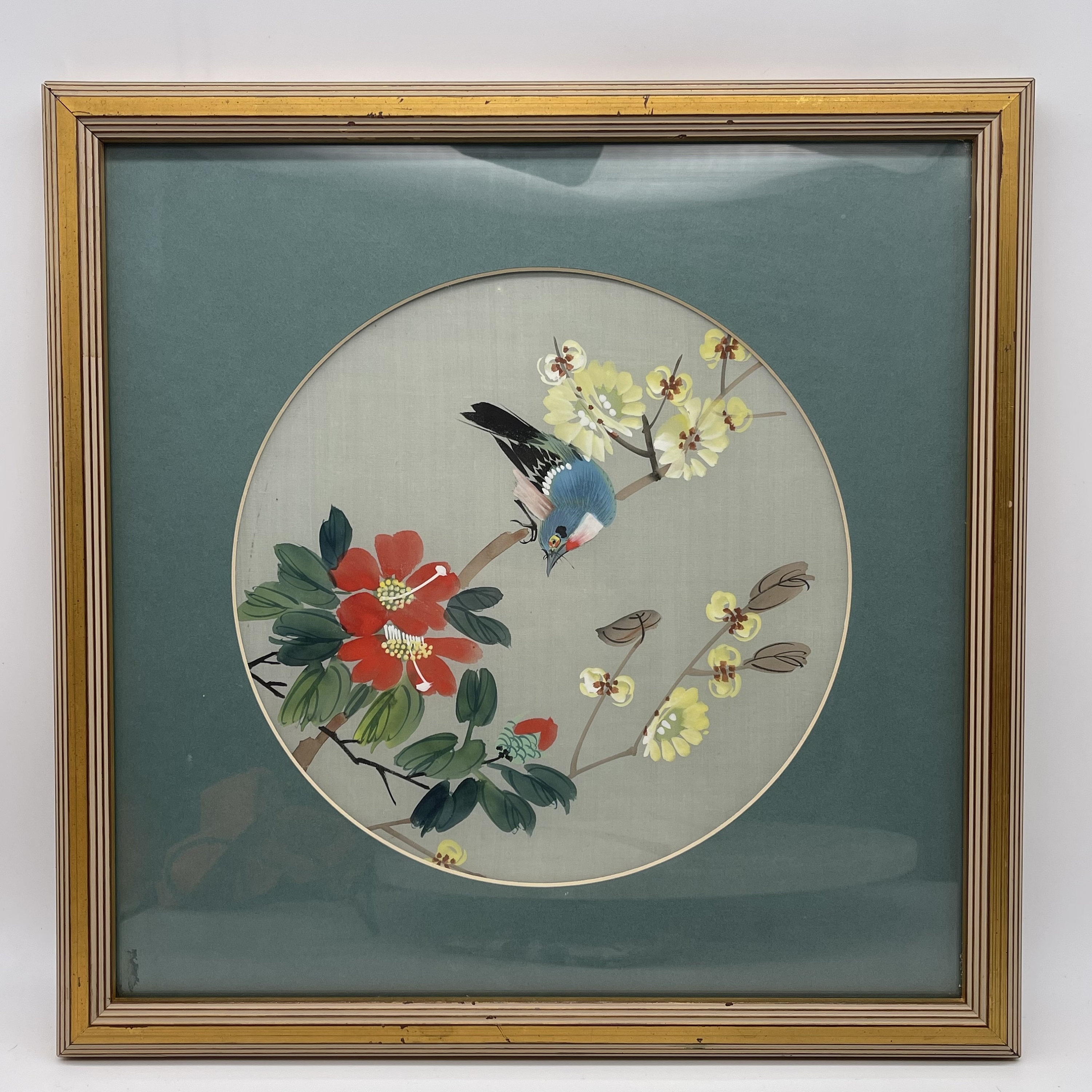 Original Japanese Blue Bird Watercolor Silk Painting Matted Blue Bird ...