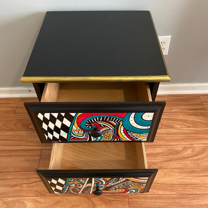Whimsical Night Stand Black and Gold Trim Checker Accents Hand Painted ...