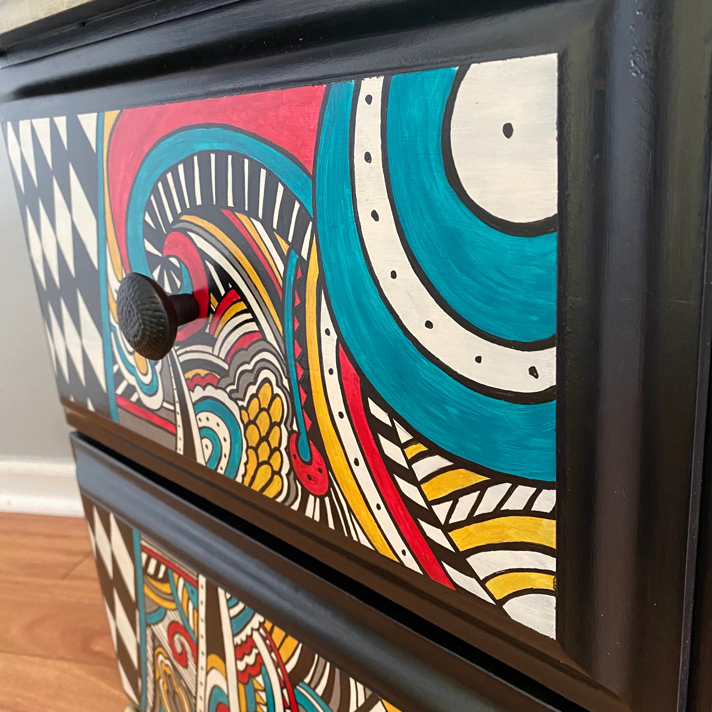 Whimsical Night Stand Black and Gold Trim Checker Accents Hand Painted ...