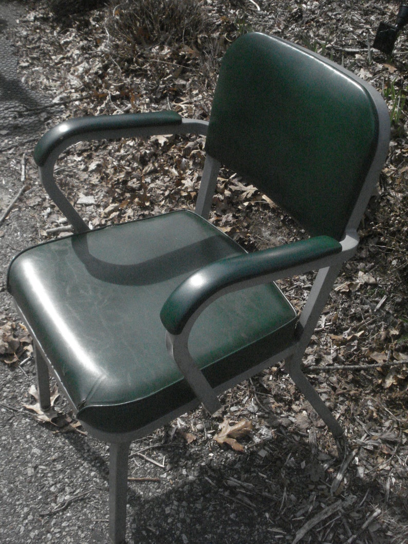 Mid-century Modern Green Leather & Metal, Armed, Office Chair by United ...