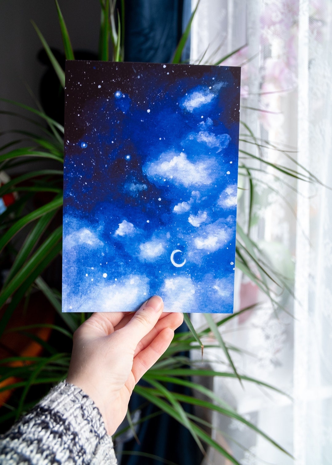 Blue Nightsky With Clouds and the Moon Print. Original Gouache Painting ...