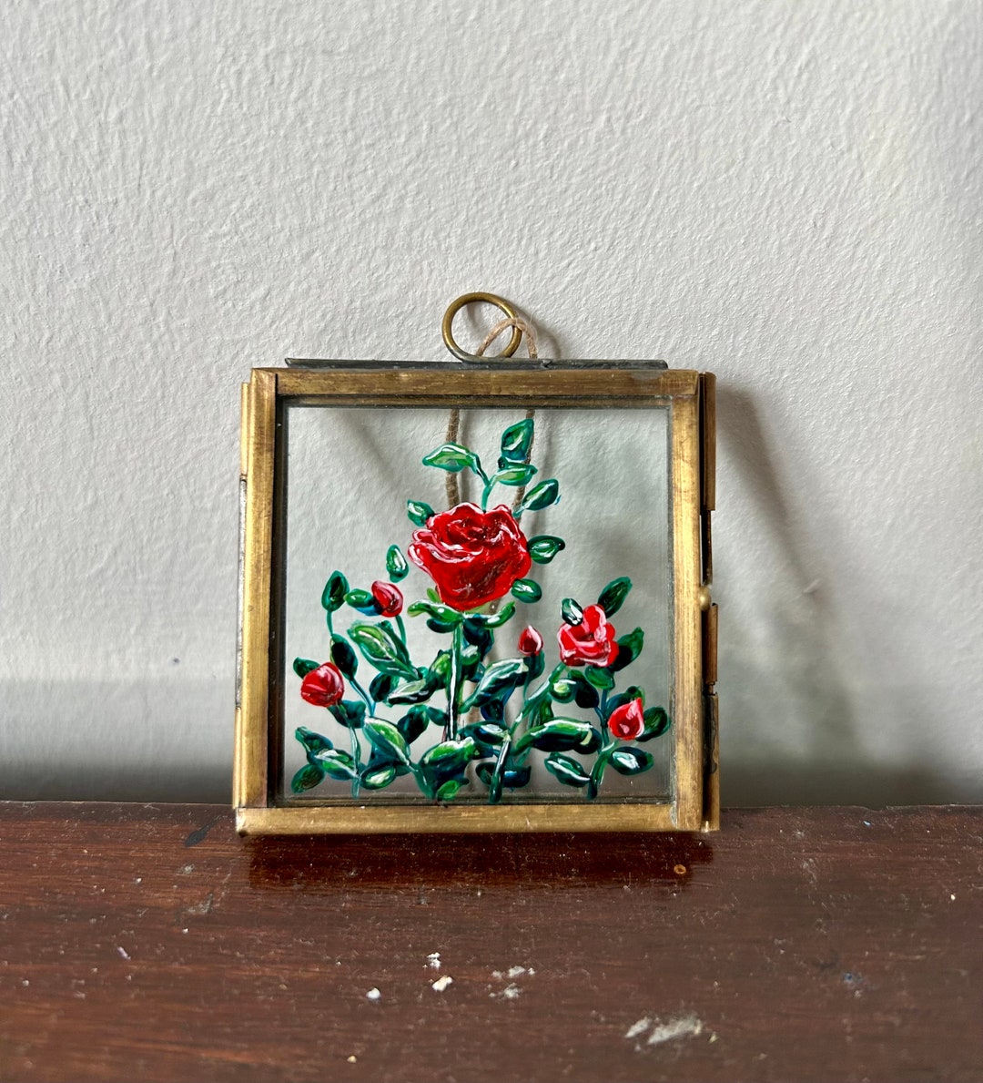 Tiny Hand-painted Glass Frame Decoration. Red Roses. Garden. Hanging ...